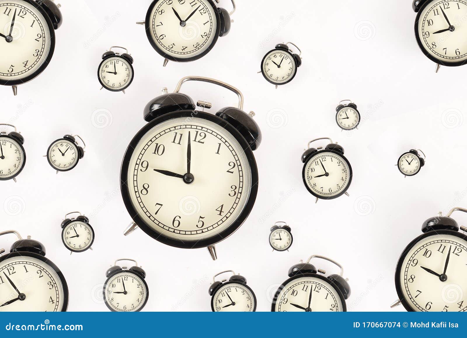 Time Punctuality Concept with Many Black Alarm Clocks Stock Photo ...