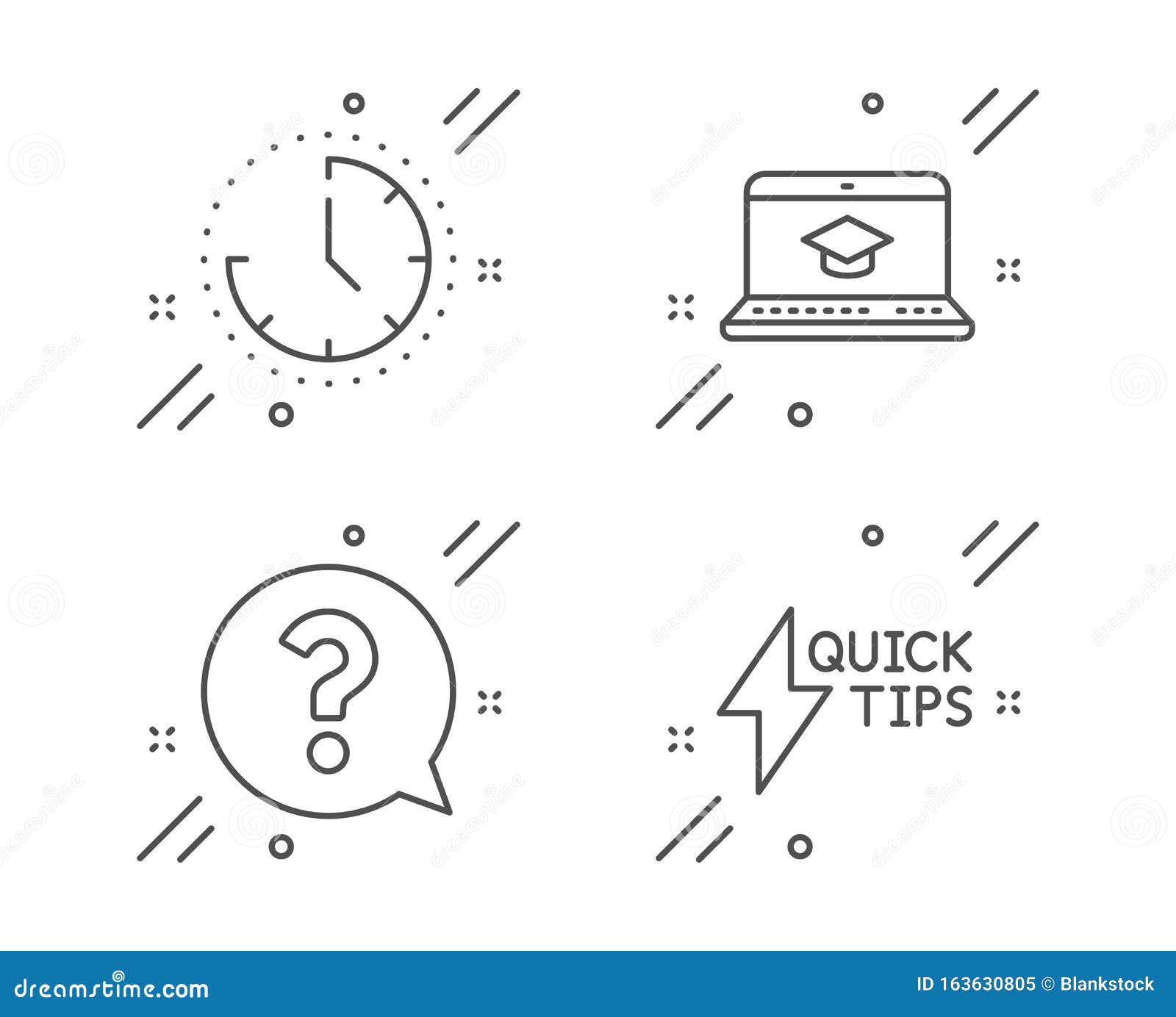 Time, Question Mark and Website Education Icons Set. Quickstart Guide ...