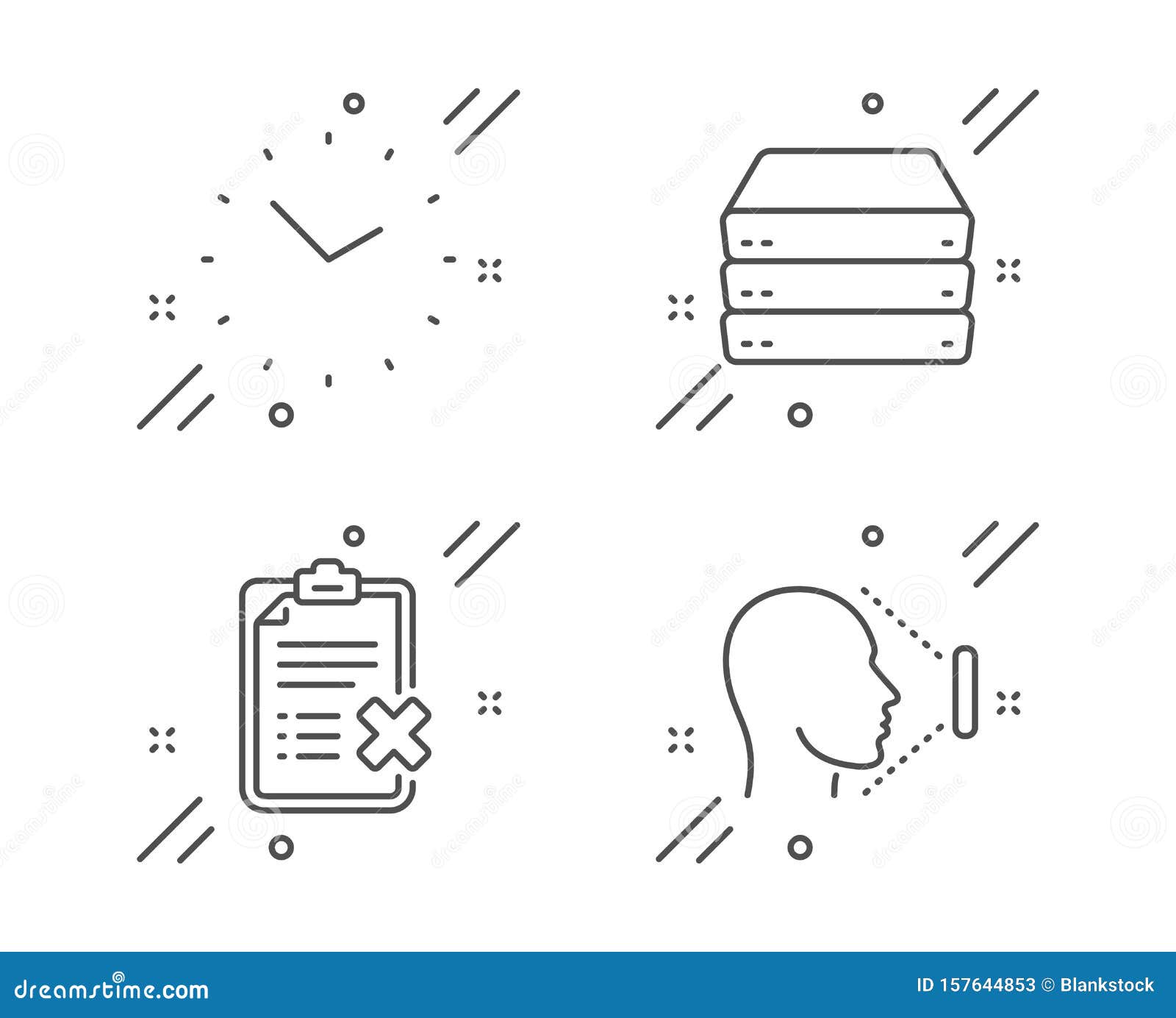Time, Reject Checklist and Servers Icons Set. Face Id Sign. Clock ...