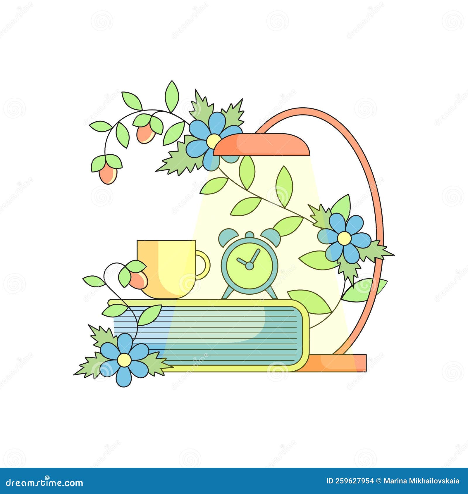 Time for Rest and Reading. Composition with Book, Lamp and Clock Stock ...