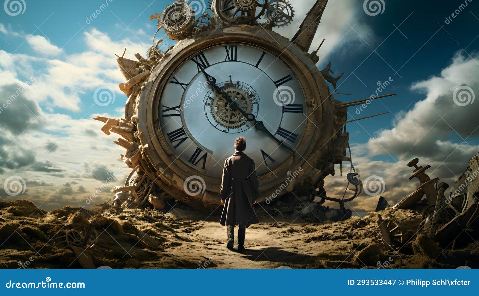 Man Contemplating Time Amidst Broken Clockscape. Generative Ai Stock ...