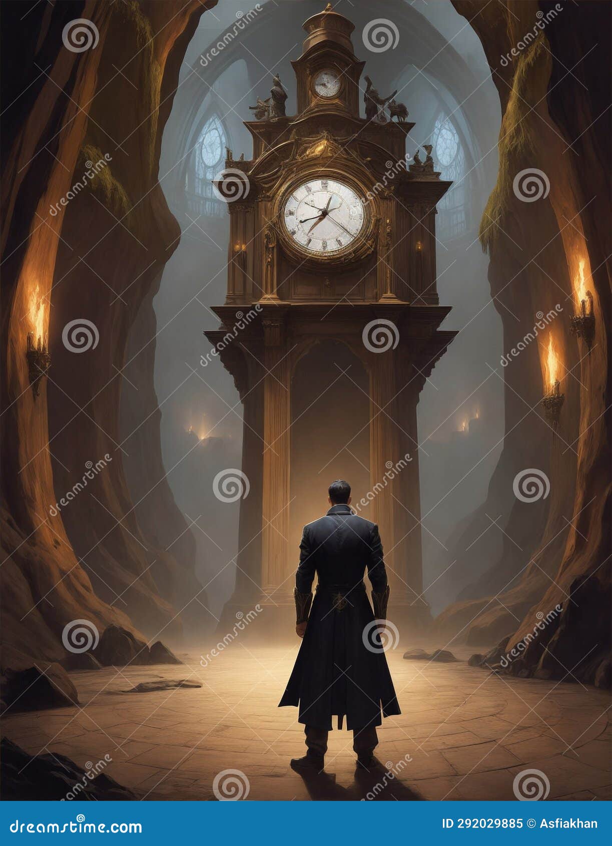 Man Standing in Front of Large Clock Stock Illustration - Illustration ...