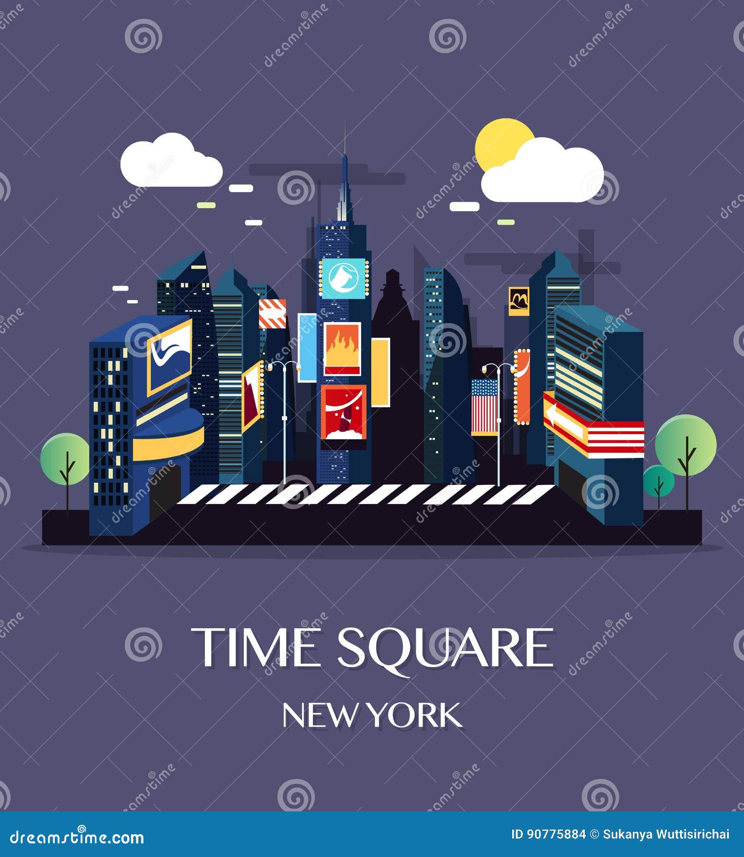 New York Time Squre With Colorful Ads Screen On Building At Night ...