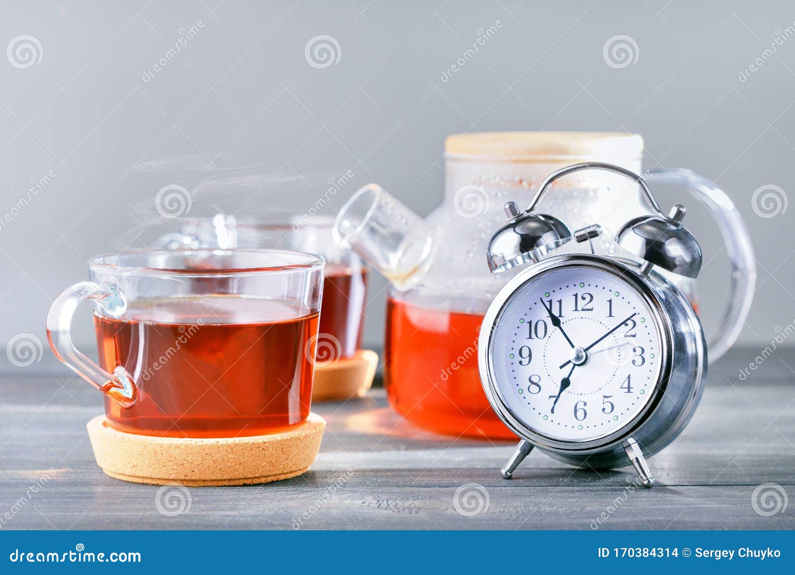 Time for Tea, Alarm Clock and Tea Cups, Teapot with Hot Tea Stock Photo ...