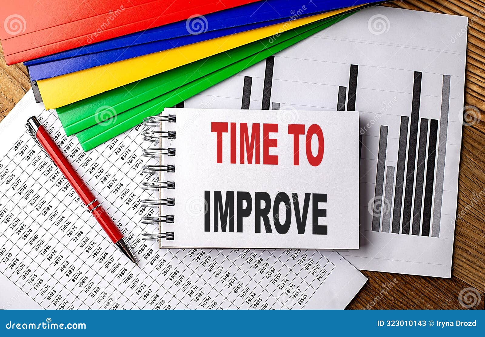TIME TO IMPROVE Text on Notebook with Folder on Chart Stock Image ...