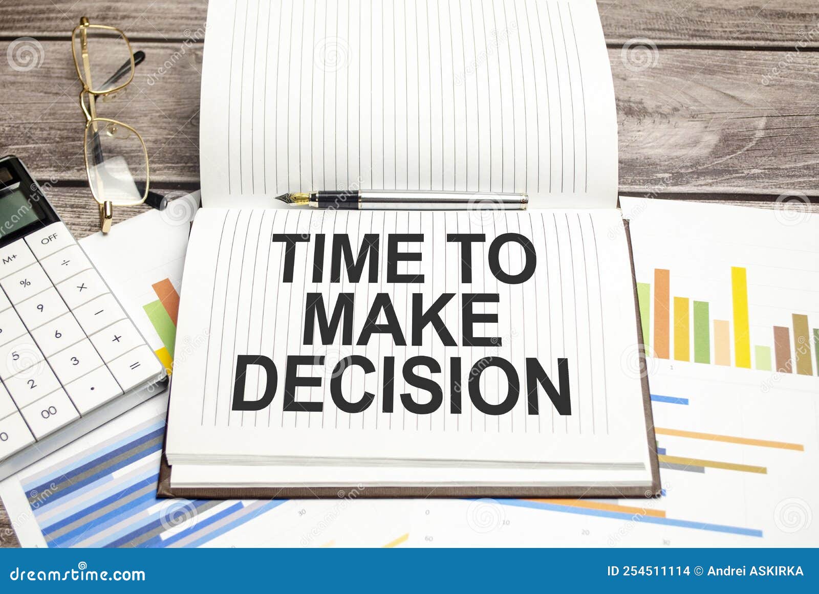 TIME To Make Decision Text on Notepad and Calculator with Charts Stock ...