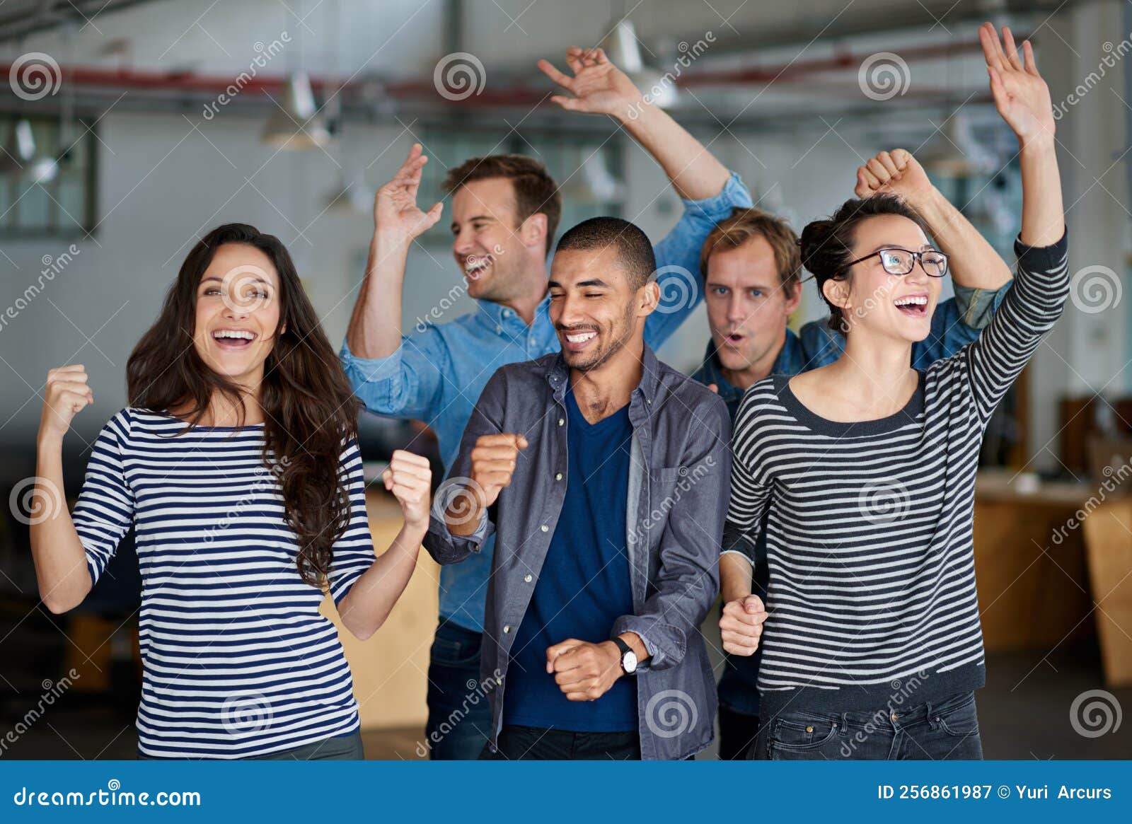 Time To Party. Group of Office Staff Shouting and Dancing Together in ...