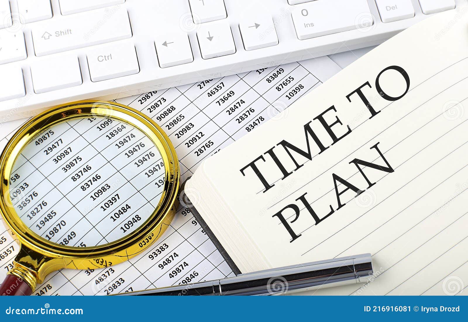 TIME TO PLAN Text on Notebook with Chart, Magnifier,keyboard and Pen ...