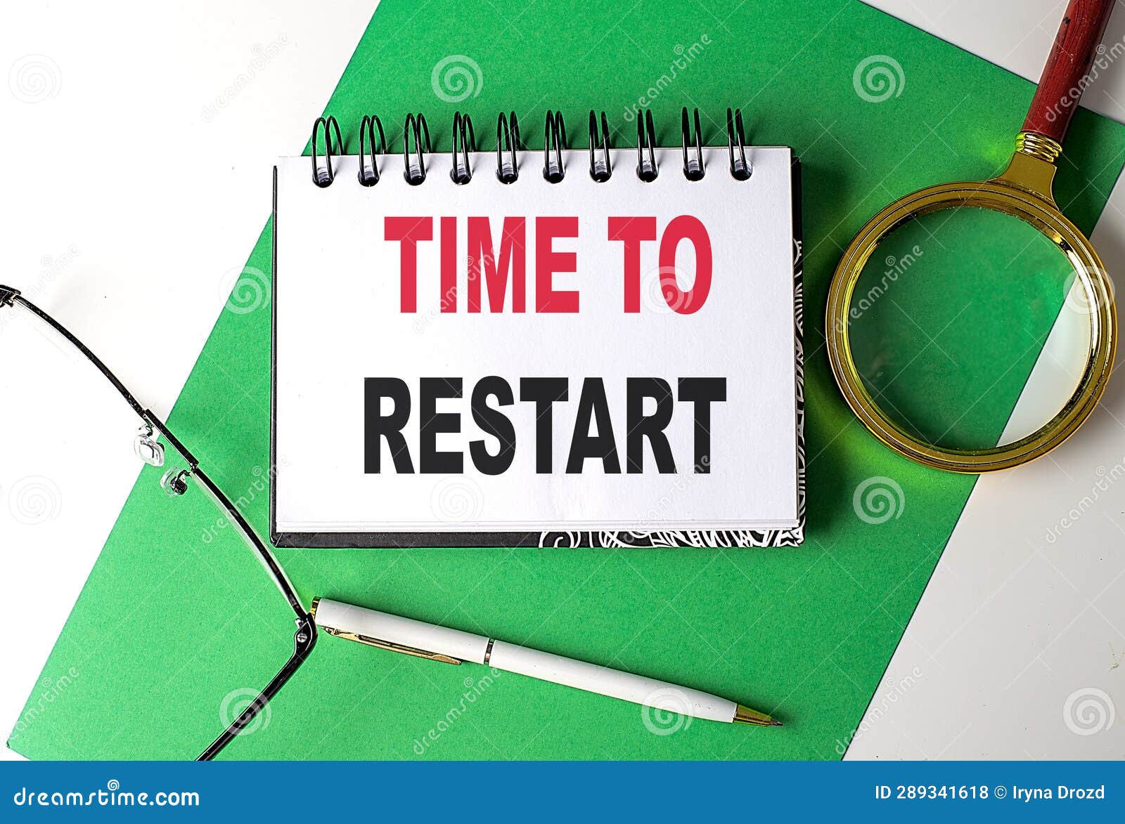 TIME TO RESTART Text on Notebook on Green Paper Stock Photo - Image of ...