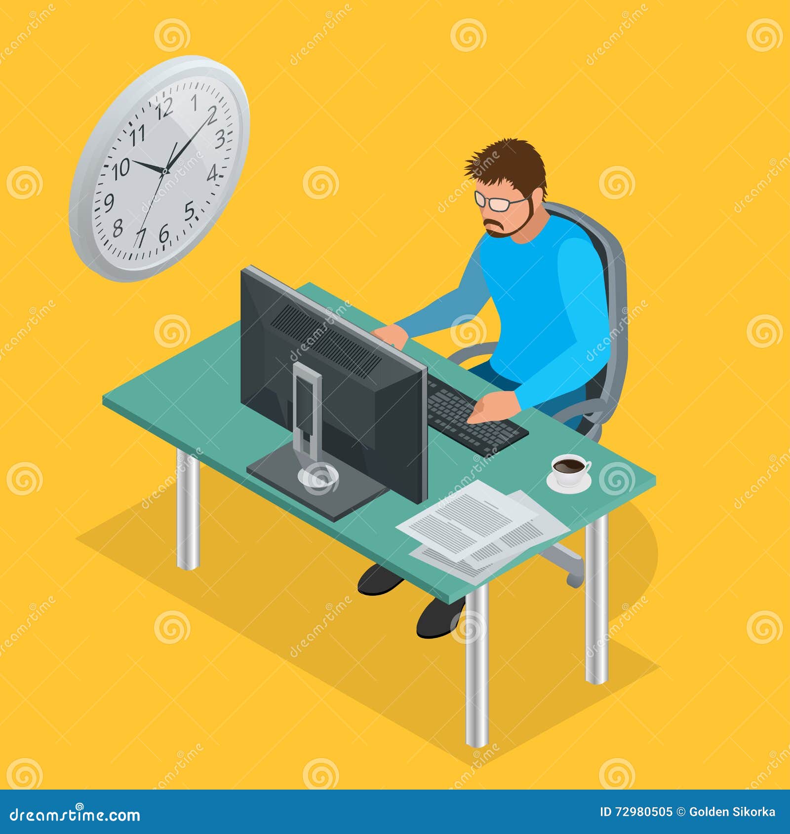 Time To Work or Time Management Project Plan Schedule. Sand Clock Flat ...