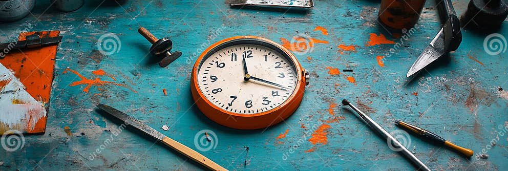 Time and Tools on a Rustic Table Clock Paint Brushes Tools Time ...