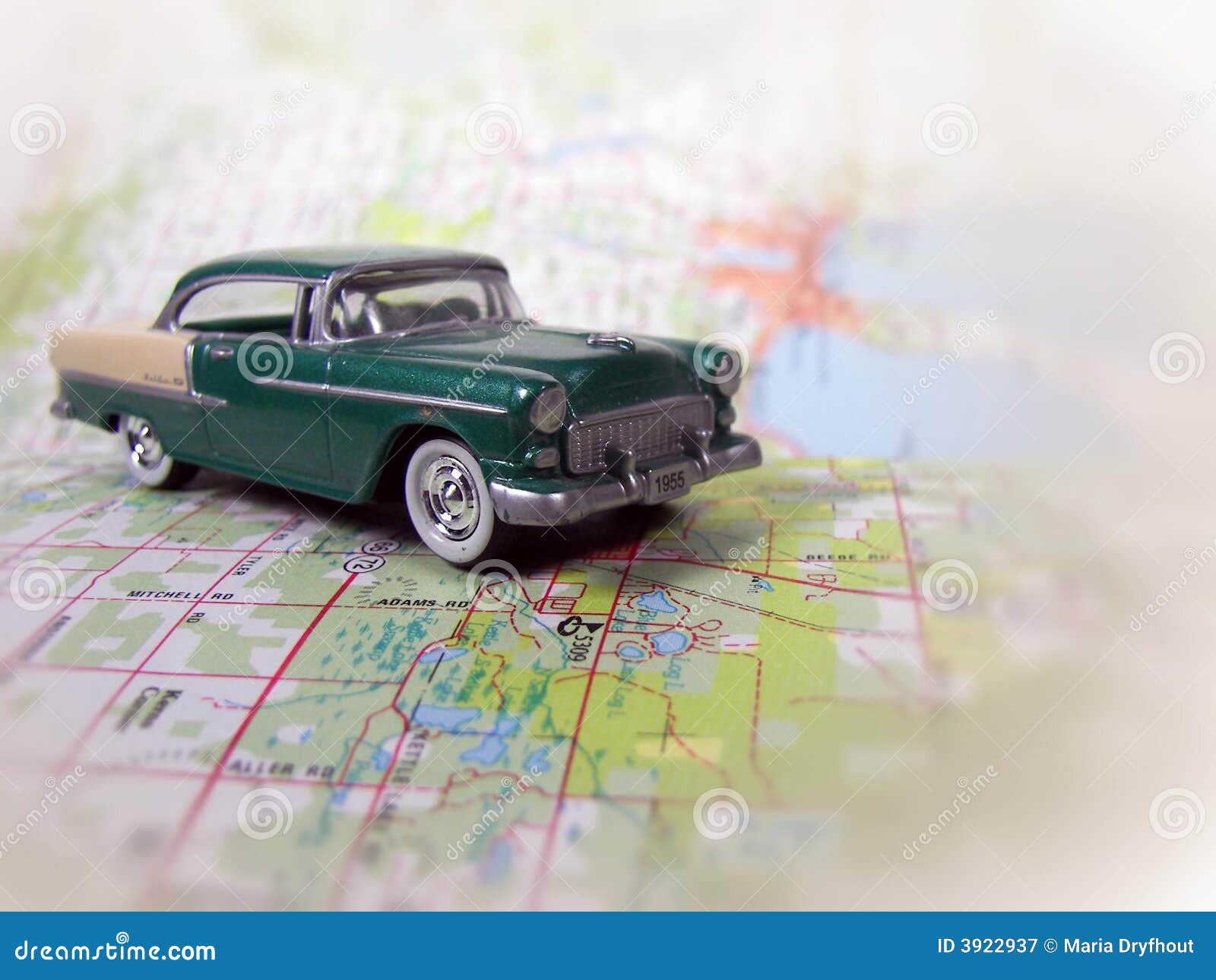 Vintage car on road map stock image. Image of info, conceptual - 3922937