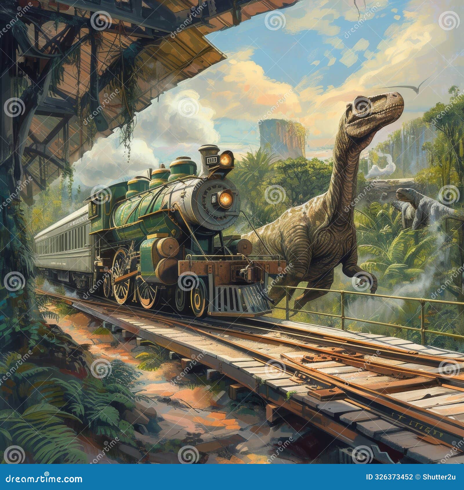 Time Traveling Train Arriving At A Prehistoric Station Stock ...