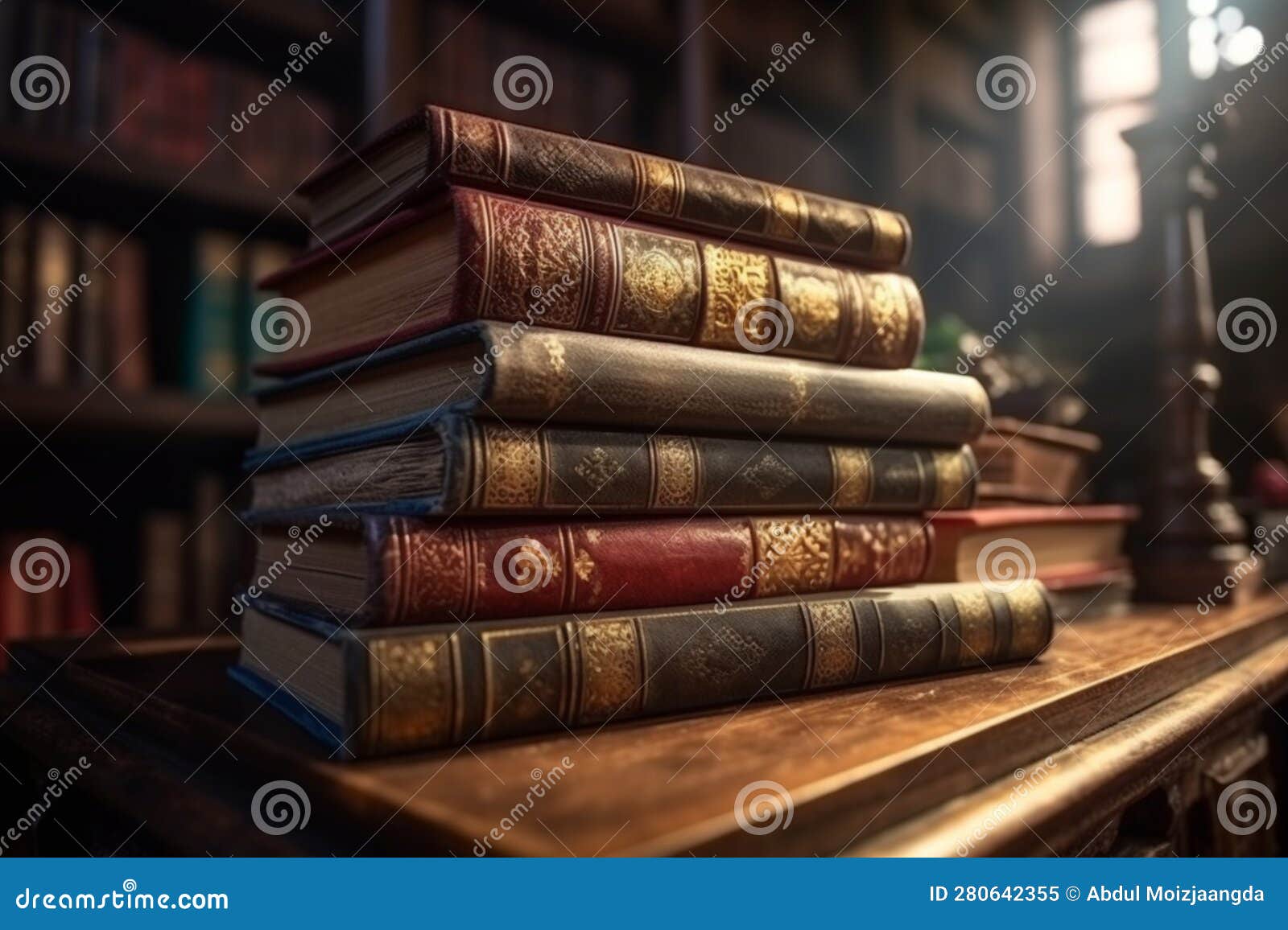 Timeless Allure, Vintage Library Stack on Medieval-style Wooden Table ...
