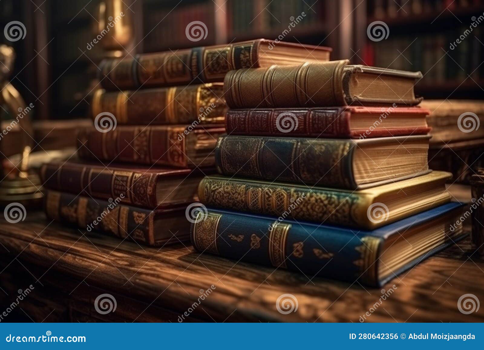 Timeless Allure, Vintage Library Stack on Medieval-style Wooden Table ...