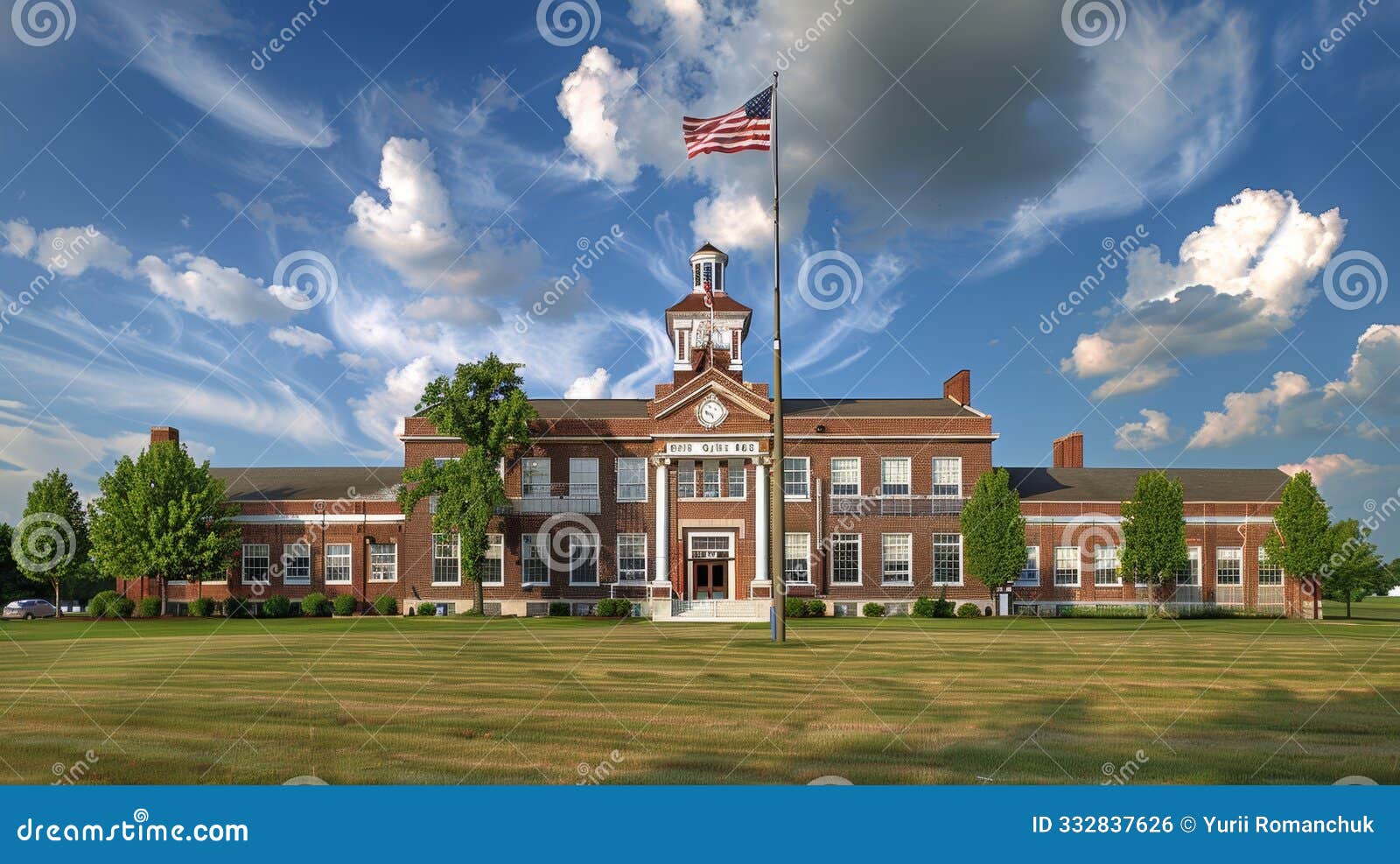 A Timeless Brick School Building with Clock Tower and American Flag ...