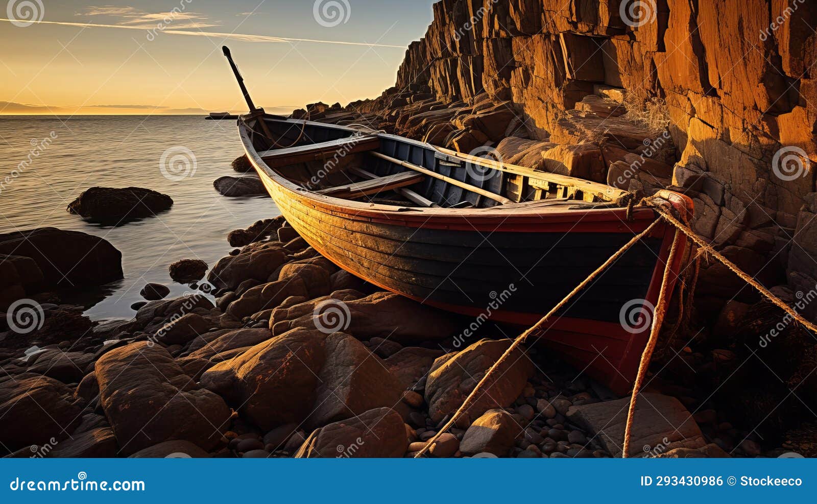 Vibrant Coastal Landscape: Red and Black Boat Tied To a Rock Stock ...