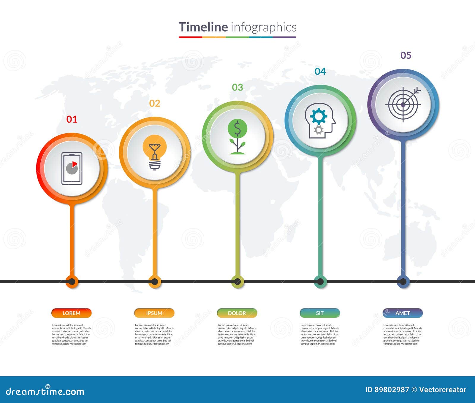 Timeline Infographic Banner with Circular Design Elements and World Map ...