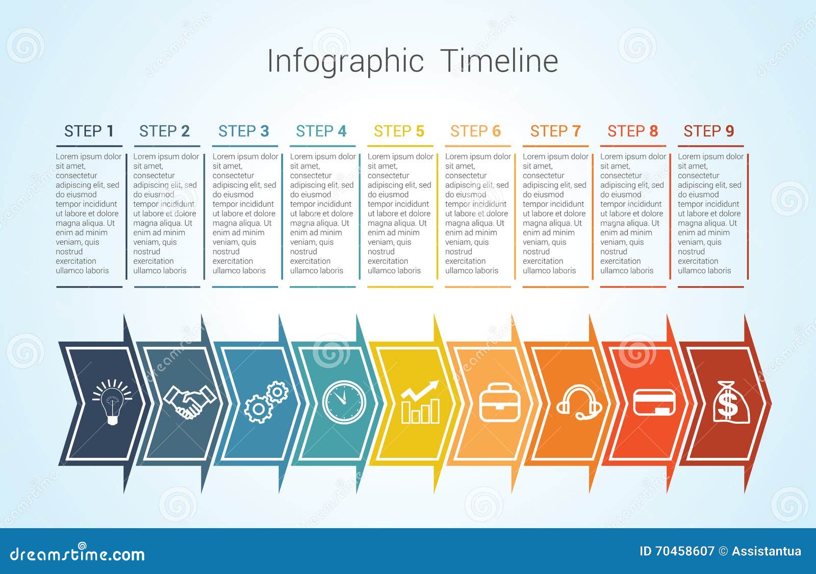 Timeline Infographic Colored Horizontal Arrows Numbered for Nine Stock ...