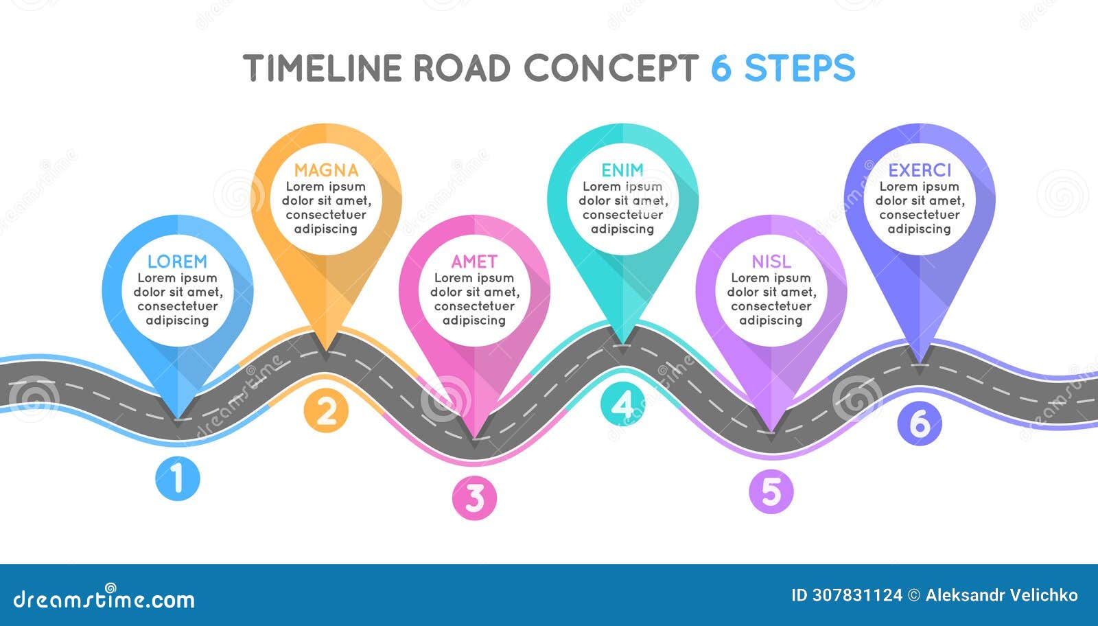 Timeline Infographic 6 Steps Timeline Concept. Winding Road. Vector ...