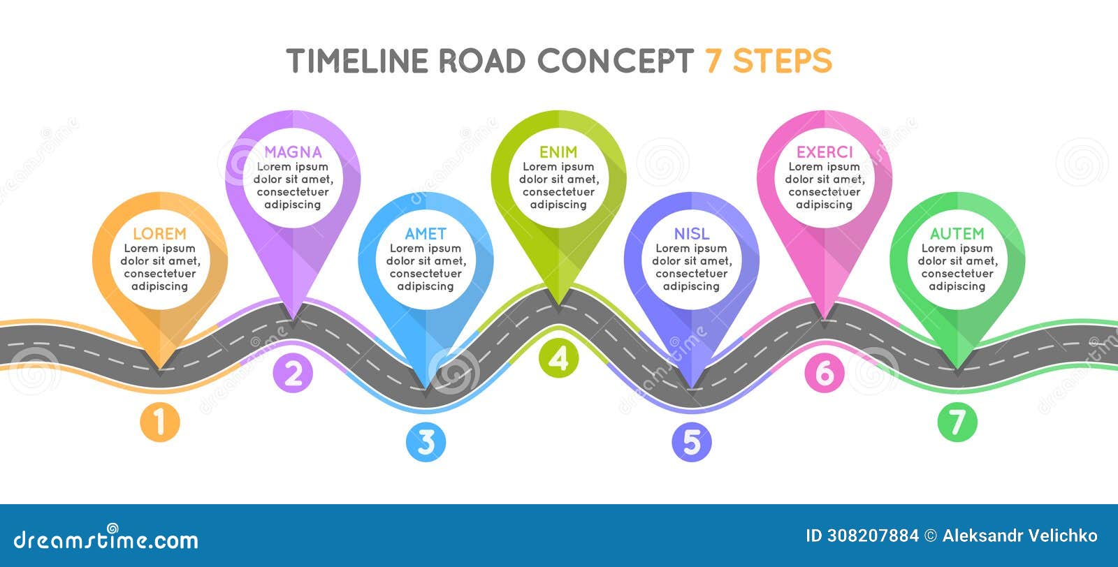 Timeline Infographic 7 Steps Timeline Concept. Winding Road Stock ...