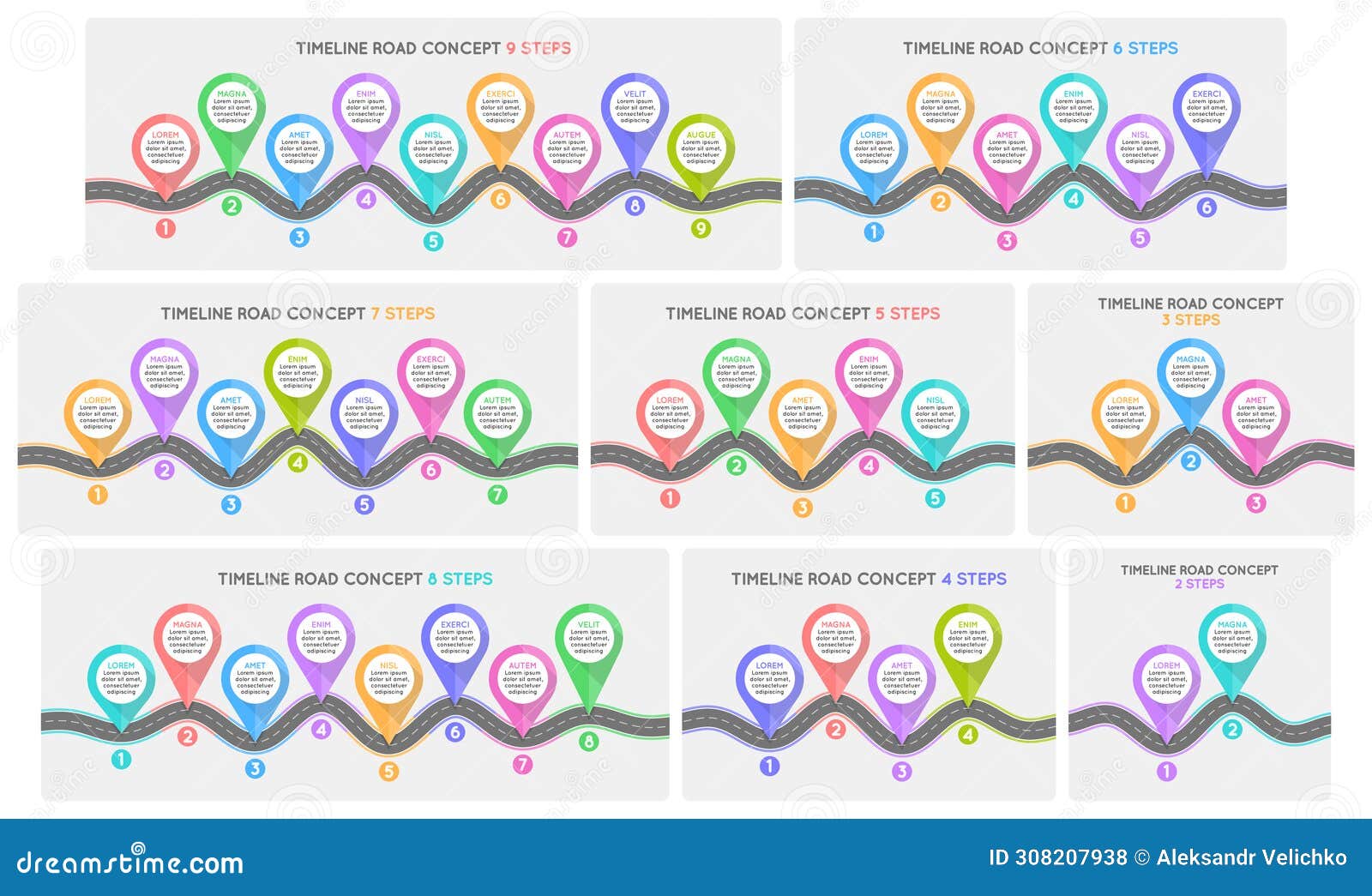 Timeline Infographic 2-9 Steps Timeline Concept. Winding Road Stock ...