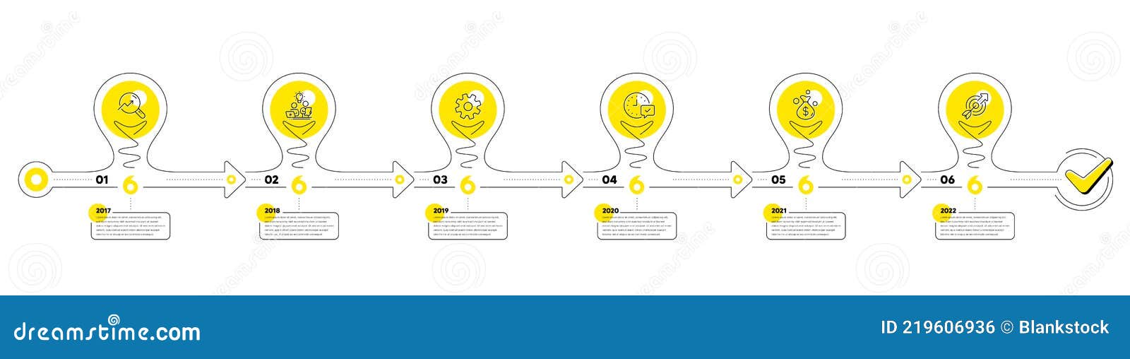 Timeline with Lamp Light Bulbs and Icons. 6 Steps Idea Journey Path ...