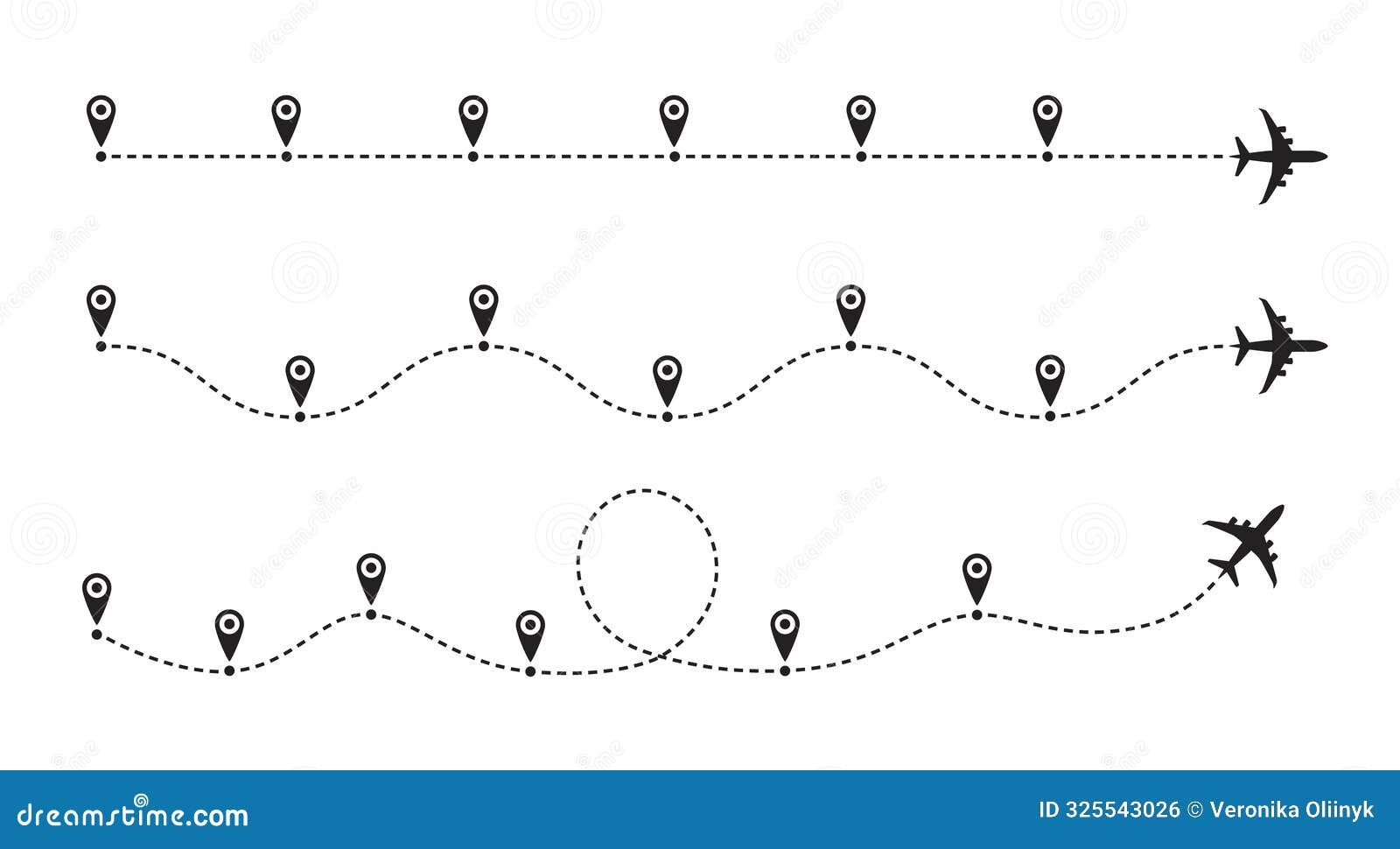 Timeline Plane Route Flight Paths With Dashed Line And Airplane Icons