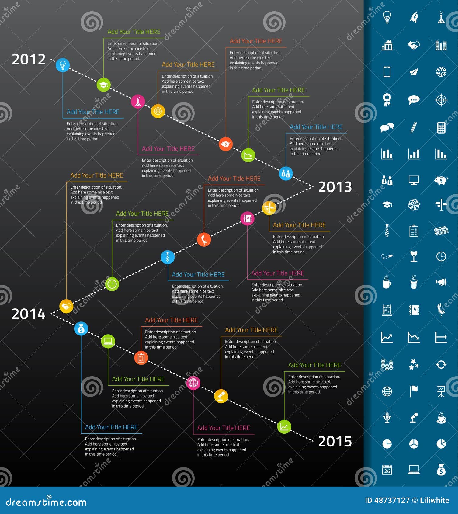 Timeline with Rainbow Milestones and Icons on Dark Stock Vector ...