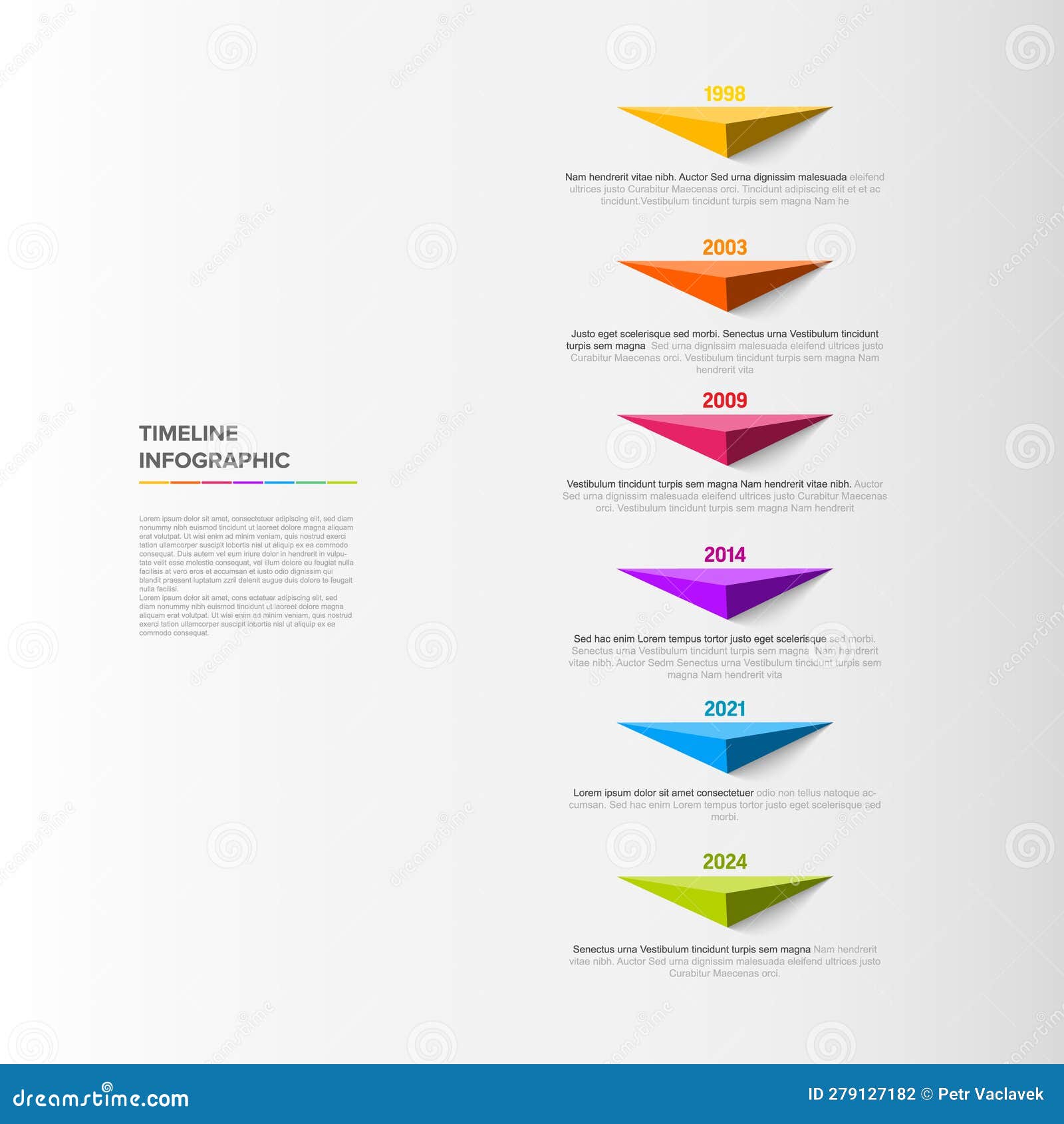 Timeline with Six Triangle Pyramid Arrows Pointers on a Vertical Line ...