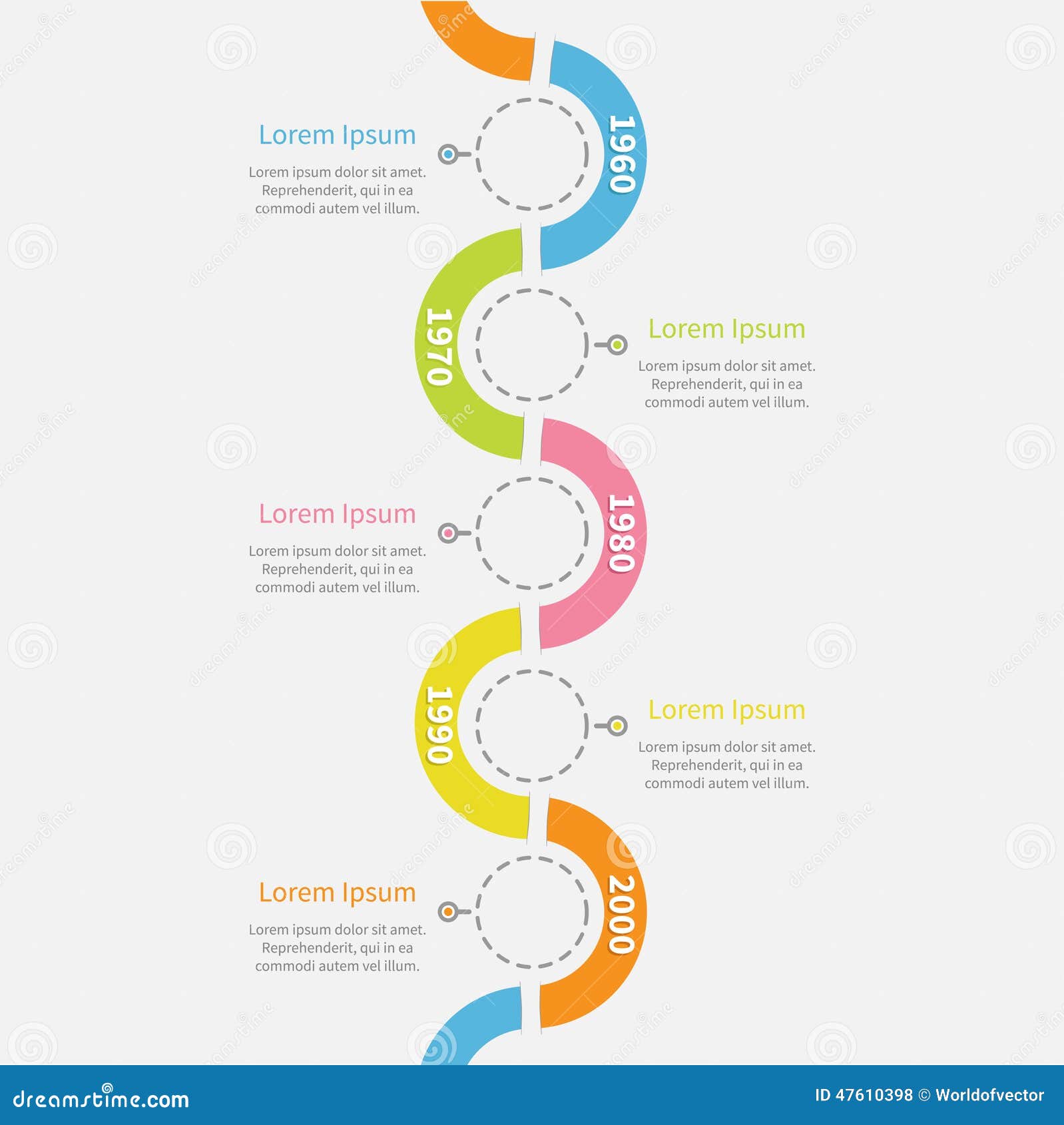 Timeline Vertical Infographic with Snail Shape Ribbon, Dash Line ...