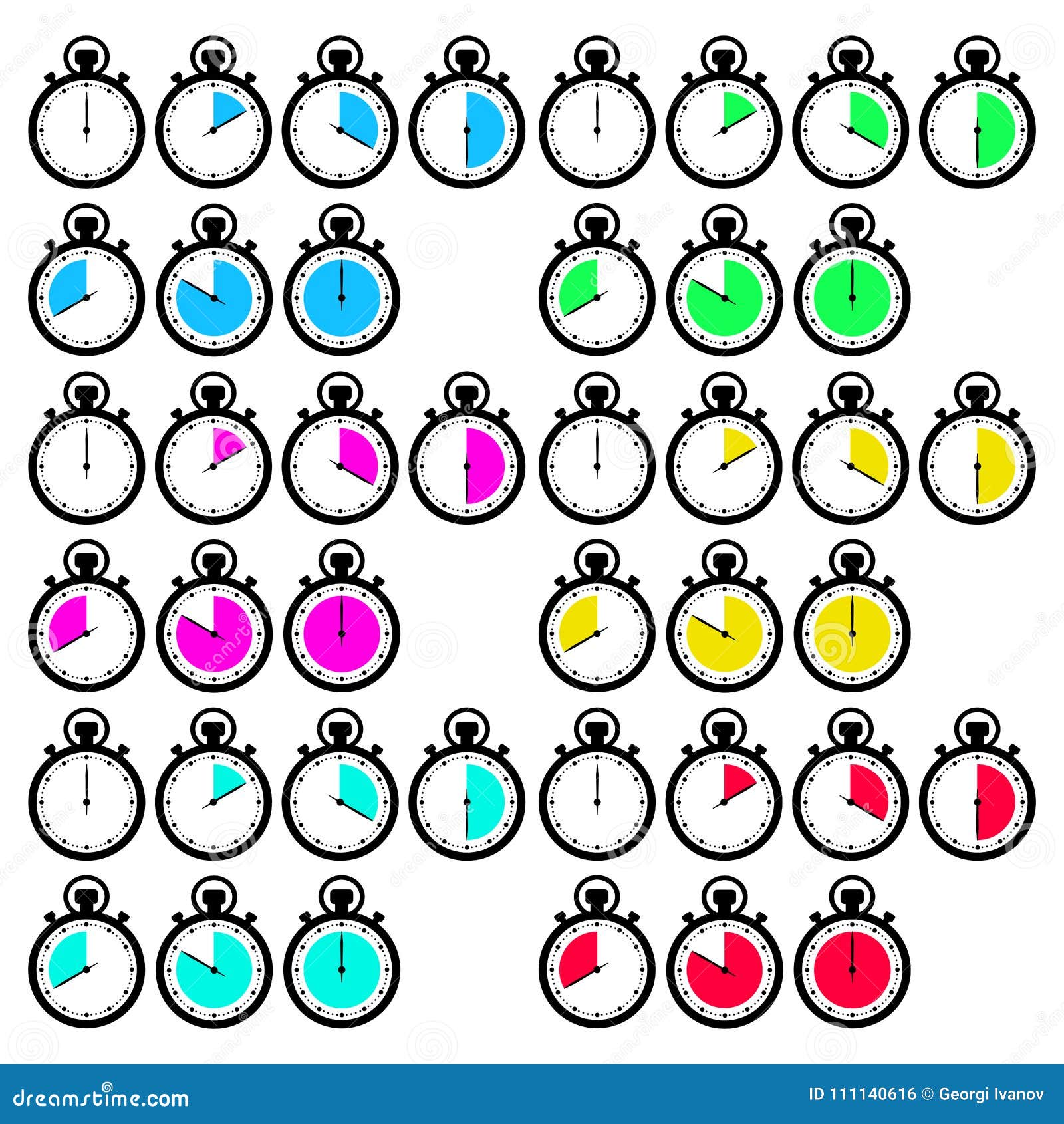 Timer Icon Set. 7 Frames. Different Flat Colors. Isolated on White. Can ...
