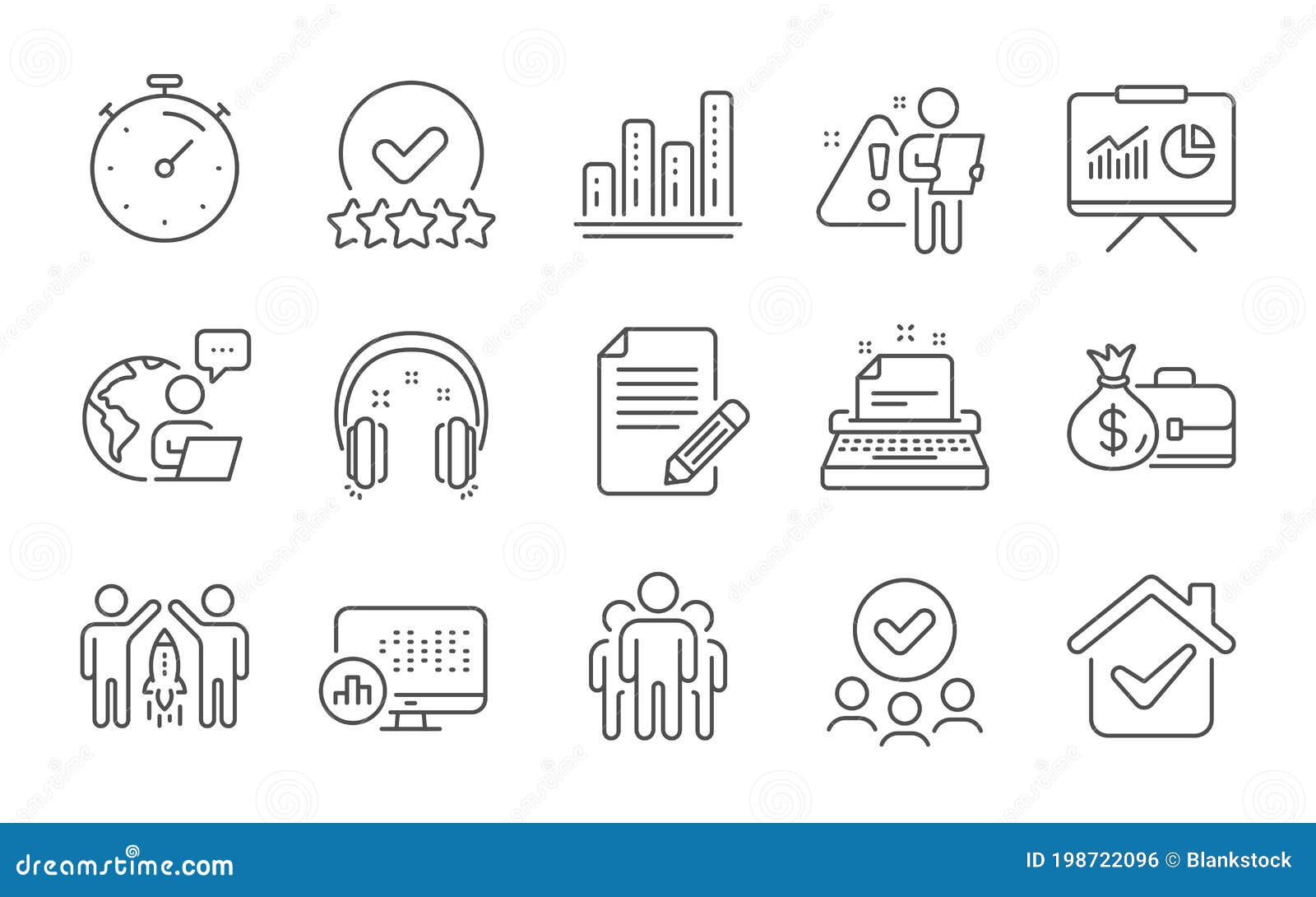 Timer, Presentation and Group Icons Set. Typewriter, Report Statistics ...