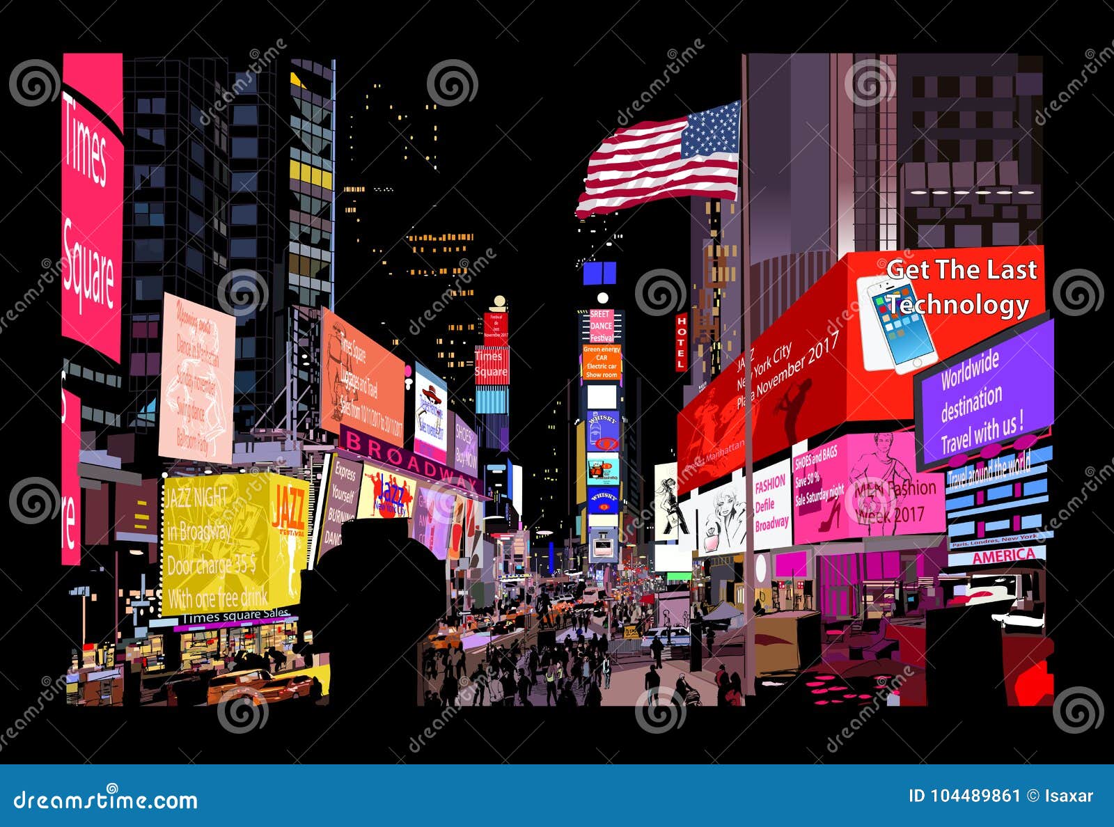 Times Square at night stock vector. Illustration of united - 104489861