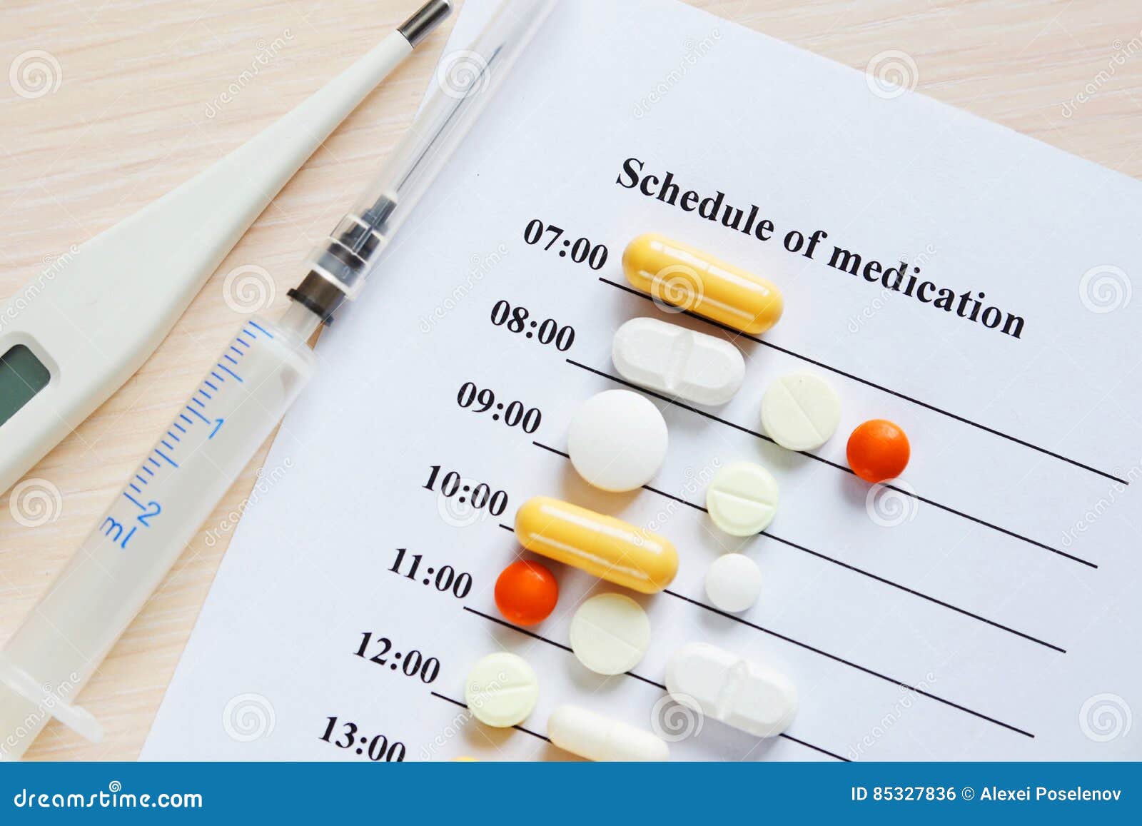 Timetable of Medication for a Day with Various Pills Stock Photo ...