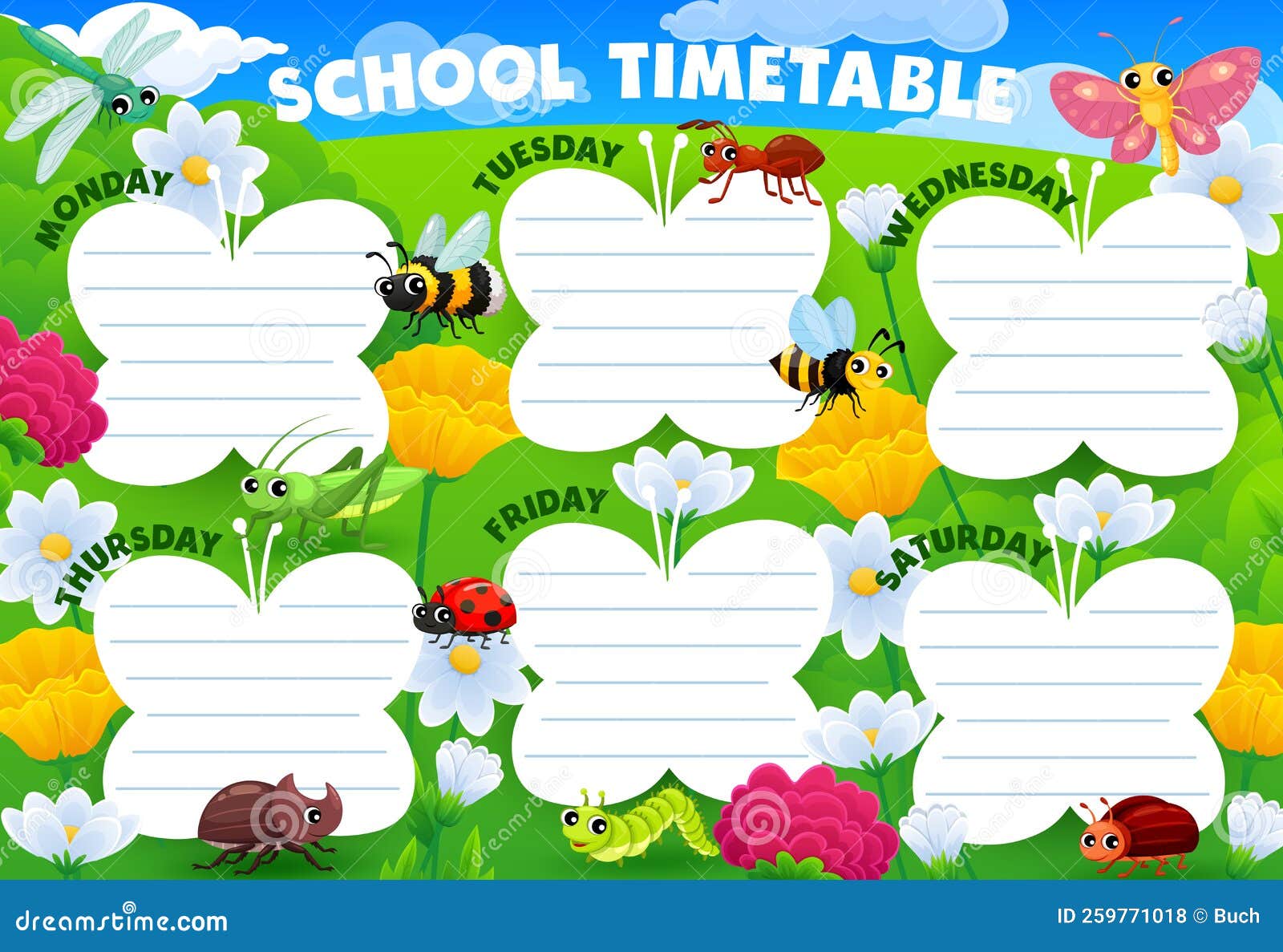 Timetable Schedule with Cartoon Insect Characters Stock Vector ...
