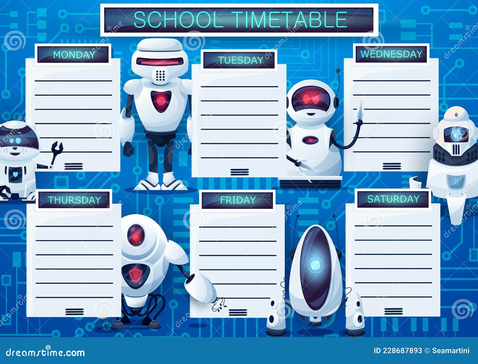 Timetable Schedule with Cartoon Robots, Planner Stock Vector ...