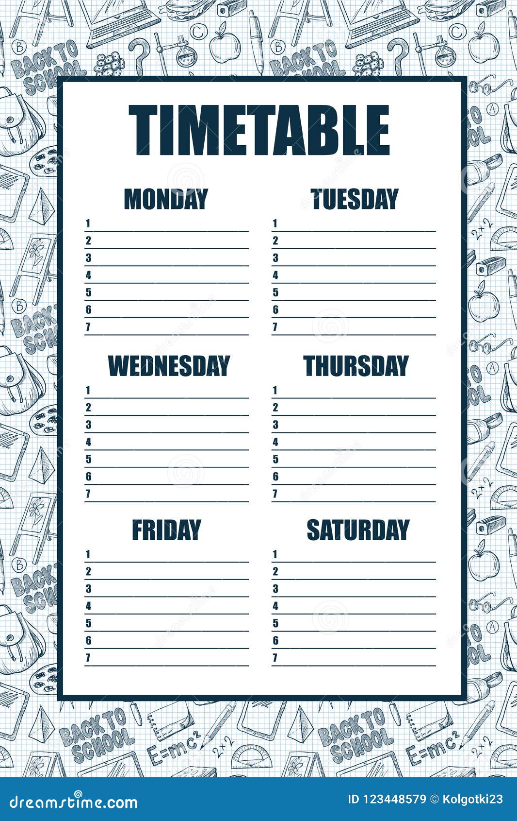 Timetable for School`s Lessons with Backpack, Book, Laptop, Globe Etc ...