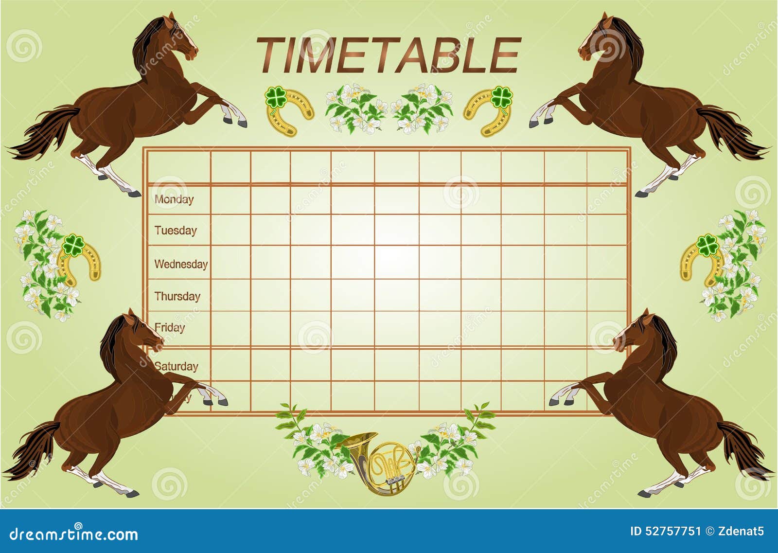Timetable Weekly Schedule with Dark Brown Horses Vector Stock Vector ...