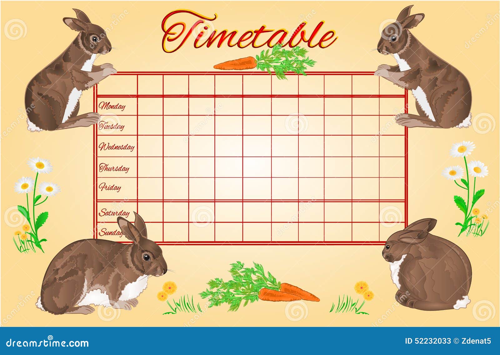 Timetable Weekly Schedule With Rabbits Vector Stock Vector - Image ...