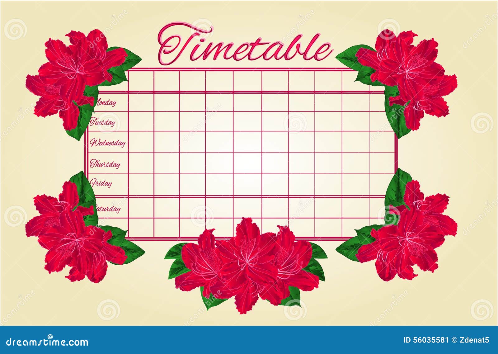 Timetable Weekly Schedule with Red Rhododendron Vector Stock Vector ...