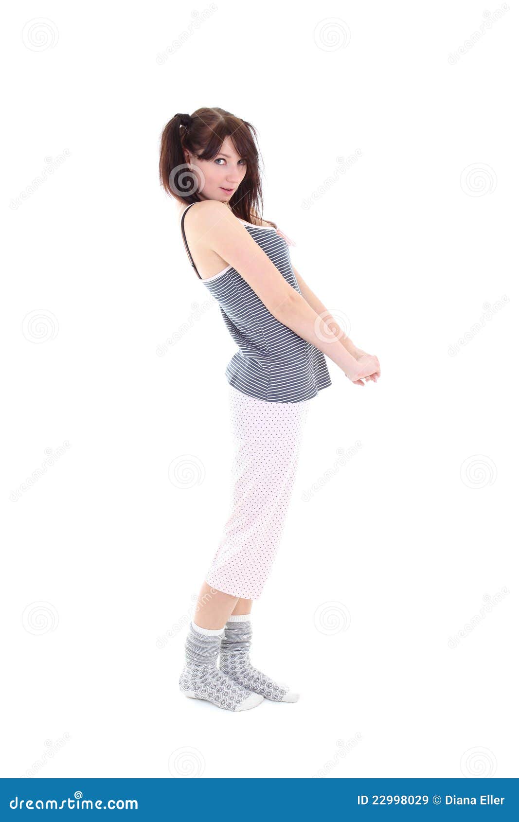 Timid Girl in Pajamas Over White Stock Image - Image of girl, pajamas ...
