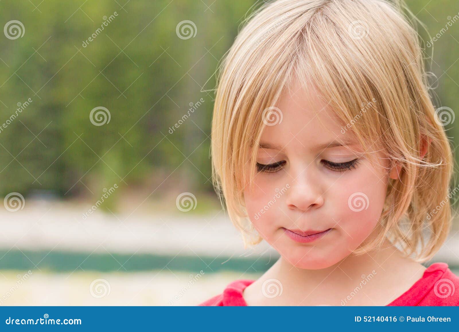 Timid Little Girl Looking Down Stock Photo - Image of beauty, copy ...