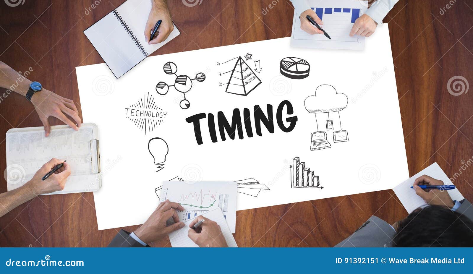 Timing Text Surrounded by Graphics and Business People`s Hands Stock ...