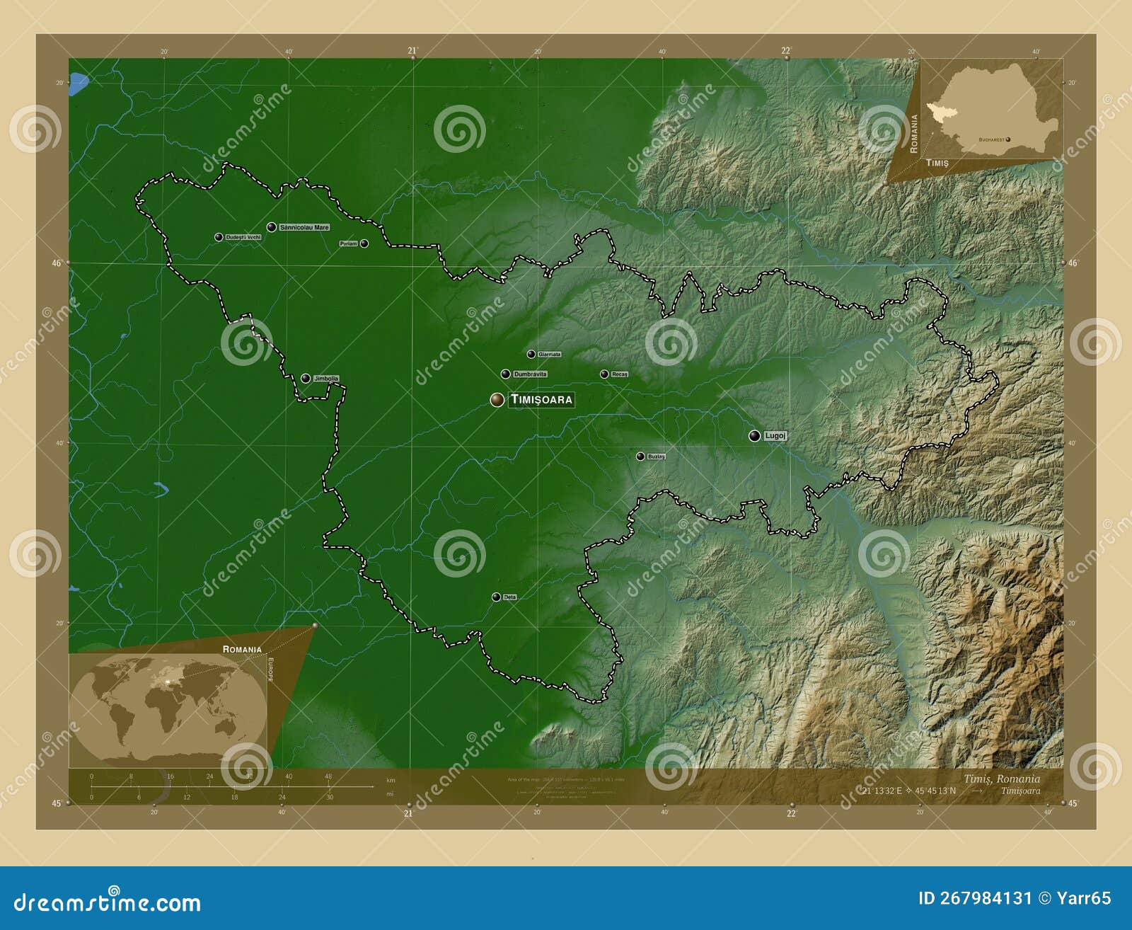 Timis, Romania. Physical. Labelled Points of Cities Stock Illustration ...