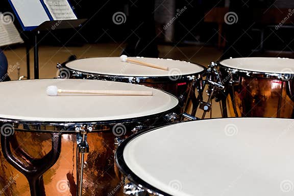Timpani standing on stage stock image. Image of kettledrum - 49581507