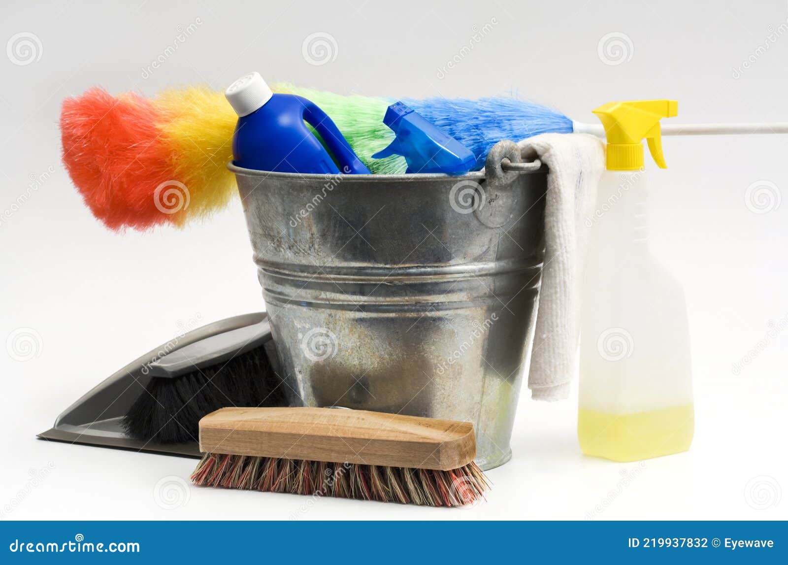 Tin Bucket and Various Cleaning Equipment Stock Photo - Image of brush ...