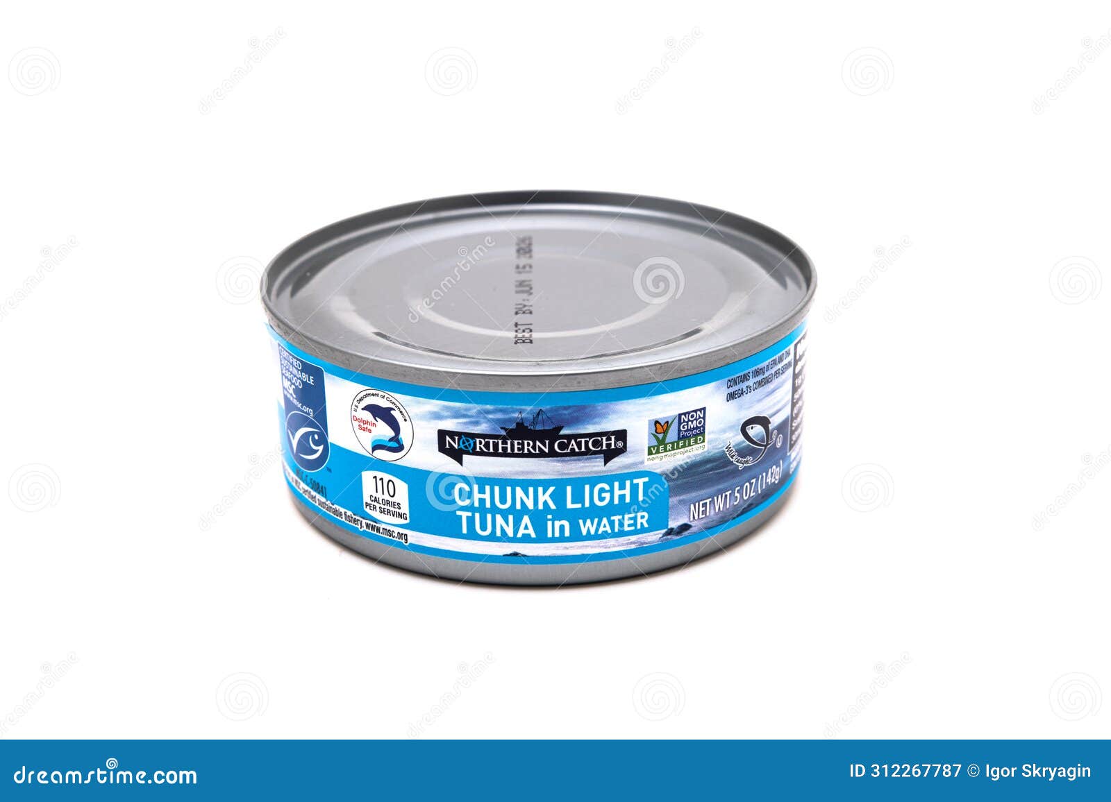Tin Can Chunk Light Tuna in Water Northern Catch on White Background ...