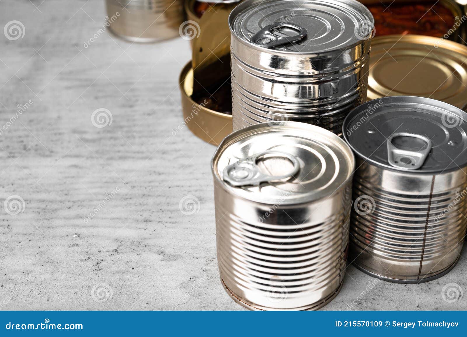Tin Cans with Conserved Food on Gray Surface Stock Image - Image of ...