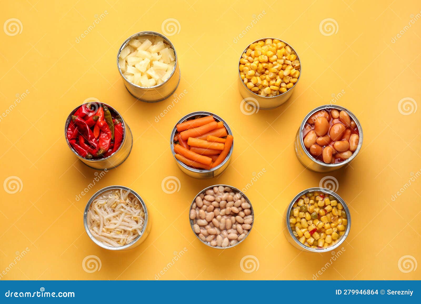 Tin Cans with Different Food on Color Background Stock Photo - Image of ...